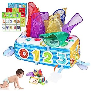 VPOJOY Baby Tissue Box Toy, Soft Montessori Magic Tissue Box Baby Toys 6 to 12 Months, High Contrast Crinkle Paper Sensory Silk Scarves Toys for 1 Year Old Boys Girls Kids Early Learning Gifts