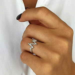 Silverly Women's 925 Sterling Silver Cubic Zirconia Wave Zig Zag Heart Beat Ring