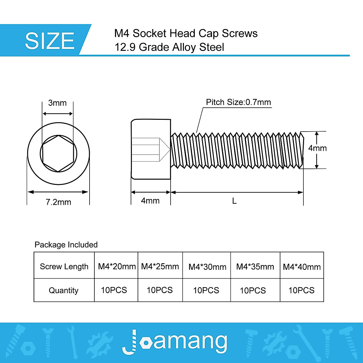 Joamang M4 x 20mm 25mm 30mm 35mm 40mm Hex Socket Head Cap Screws Bolts, 12.9 Grade Alloy Steel, Black Oxide Finish, Metric Allen Hex Drive, Fully Threaded, Assortment Kit 50Pcs