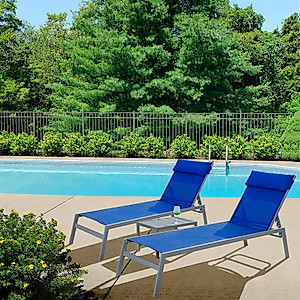 Domi 3 Pieces Adjustable Chaise Lounge Set Outdoor Patio Lounge Chair All Weather Five-Position Recliner Chair Set w/Coffee Table for Patio, Pool, Yard (Blue)