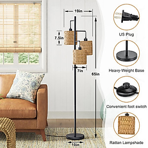 Maxax Rattan Floor Lamp, 3 Lights Farmhouse Tree Standing Lamp with Wood Rattan Shades, Multi Head Vintage Tall Pole Lamp for Bedroom Living Room, Office - 65 Inches
