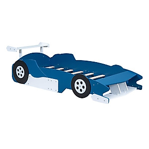 Bellemave Twin Size Race Car Bed for Kids,Wood Car-Shaped Platform Bed with Storage Shelves,Car Bed Twin with Wheels for Boys,Girls,(Twin,Blue)