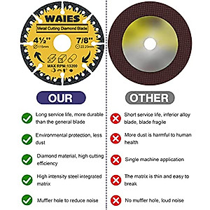 Waies 4-1/2 Inch Metal Cutting Diamond Blade for Angle Grinders, All Purpose Metal Cut Off Wheels for Steel, Rebar, Sheet Metal, Angle Iron, Stainless Steel (3PCS)