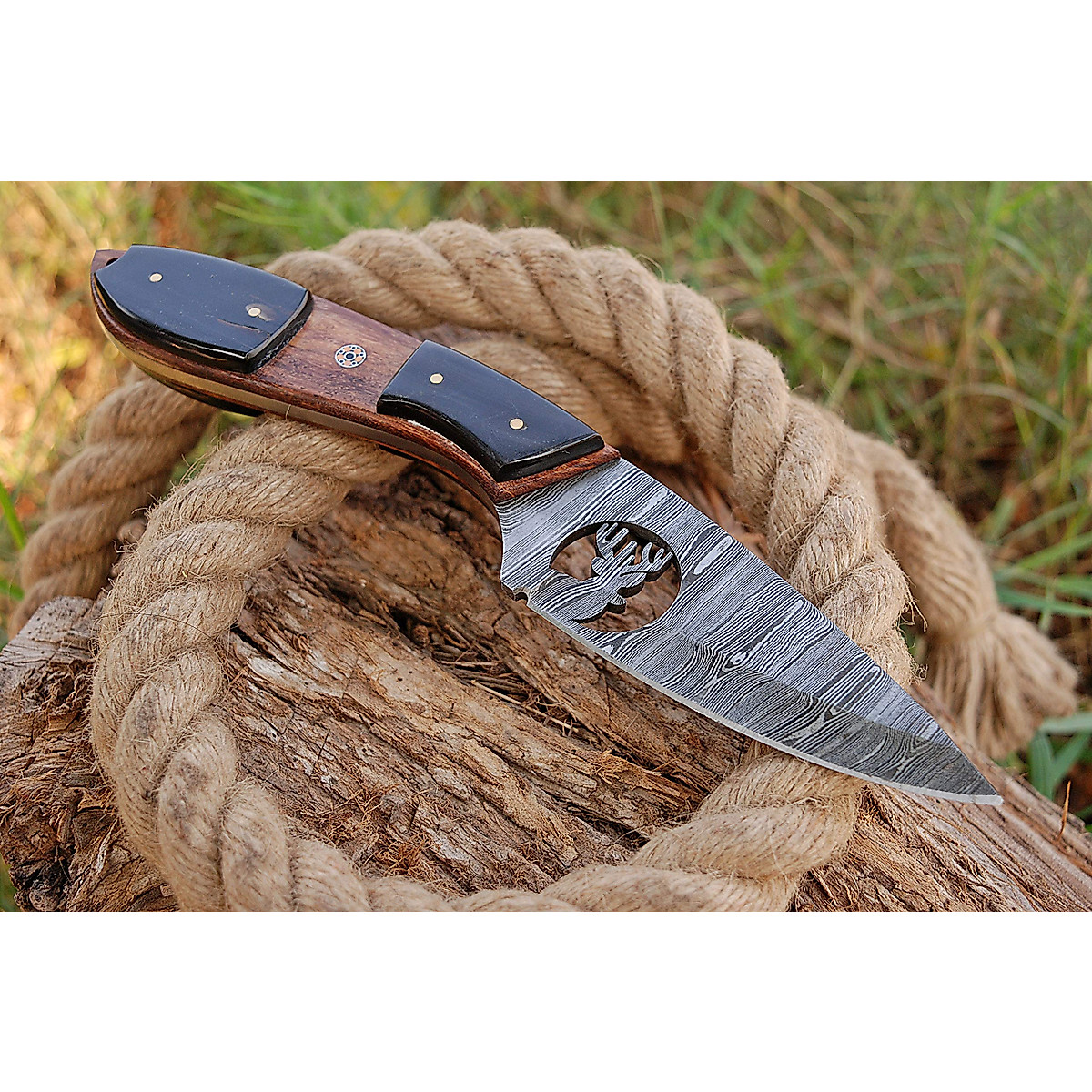 TMBrands Damascus Hunting Knife, Fixed Blade Knife & Camping Knife with Rose Wood & Buffalo Horn Handle & Knife Sheath