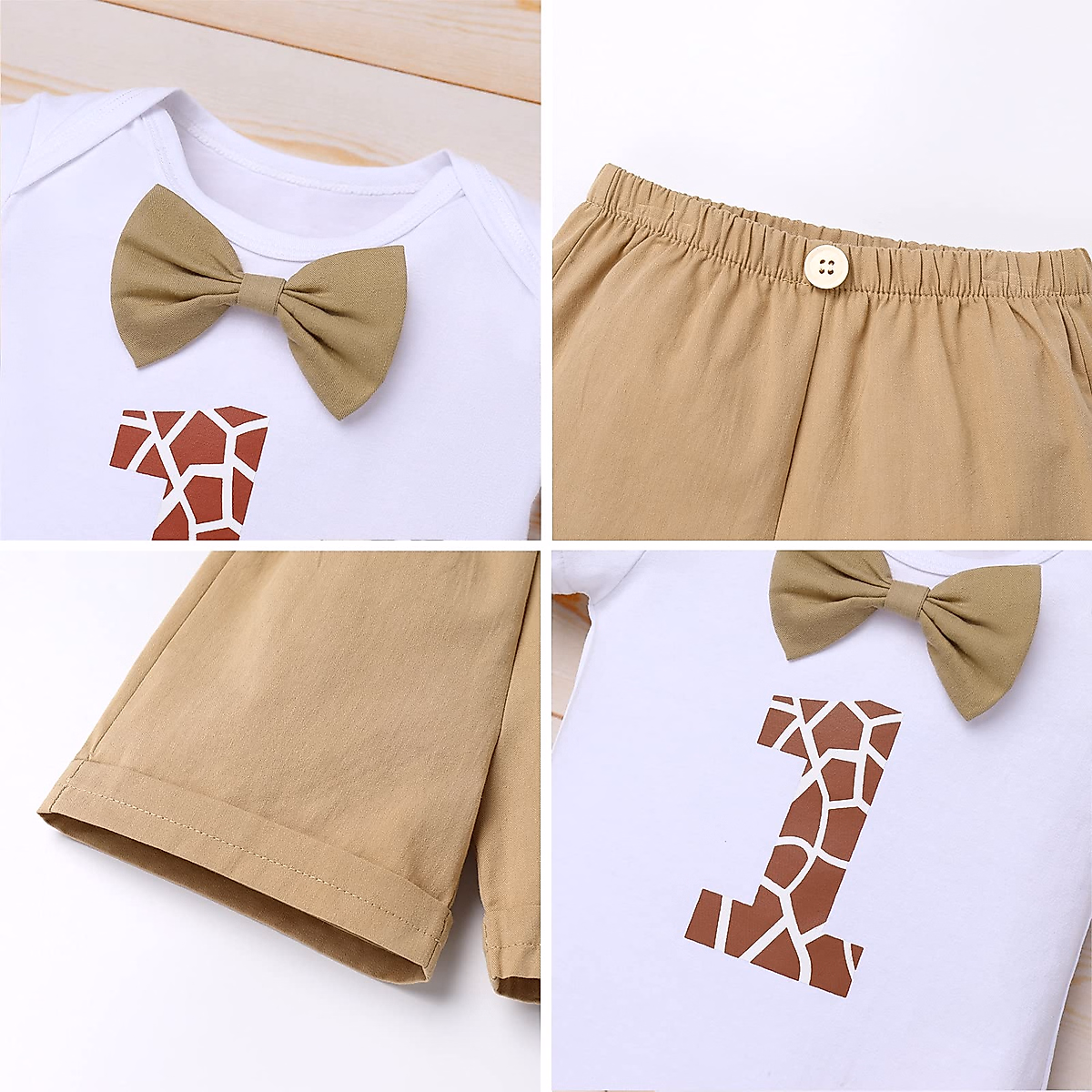 Cake Smash Outfit Boy 1st First Birthday Baby Jungle Theme Wild One Bow Tie Romper+Shorts+Y-Back Suspenders 3PCS Wedding Baptism Gentleman Formal Party Clothes Photo Props Khaki 12 Months