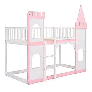 RORIGAT Twin Over Twin Castle Bed Kids Bunk Bed with Ladder and Guardrails, Wooden Versatile Floor Bedframe for Kids Teens Bedroom, Pink
