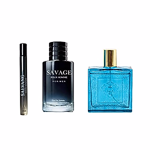INSPIRE SCENTS Savage Pour Home & Lion Versatile Cologne for Men + Salvang Travel Spray of 35ml Eau De Toilette Natural Spray, Savage & Lion Versatile Parfum 3.4oz Fl Oz/100ml each, Wonderful Gift, Masculine Scent for All Skin Types (Pack of 3)