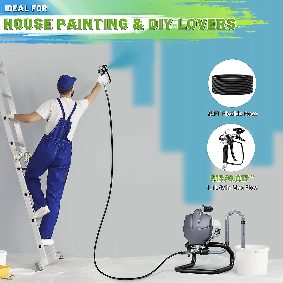 PHALANX Airless Paint Sprayer, 7/8HP 780W High Efficiency Airless Stand Sprayer, 3000PSI Electric Paint Sprayer with Cleaning Kits for Painting Home Interior Exterior Walls, Ceiling, Fence, Cabinet