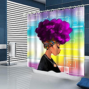 Black African Girl Bathroom Sets with Shower Curtain and Rugs, African American Shower Curtains Set for Bathroom, Shower Curtain Set with Hooks and Toilet Lid Cover(Violet)
