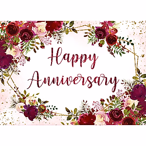 Homewelle Happy Anniversary Backdrop 7Wx5H Feet Polyester Fabric Elegant Burgundy Flower Rose Plant Botanical Decoration Green Leaves Gold Glitter Photography Background Photo Shoot Props