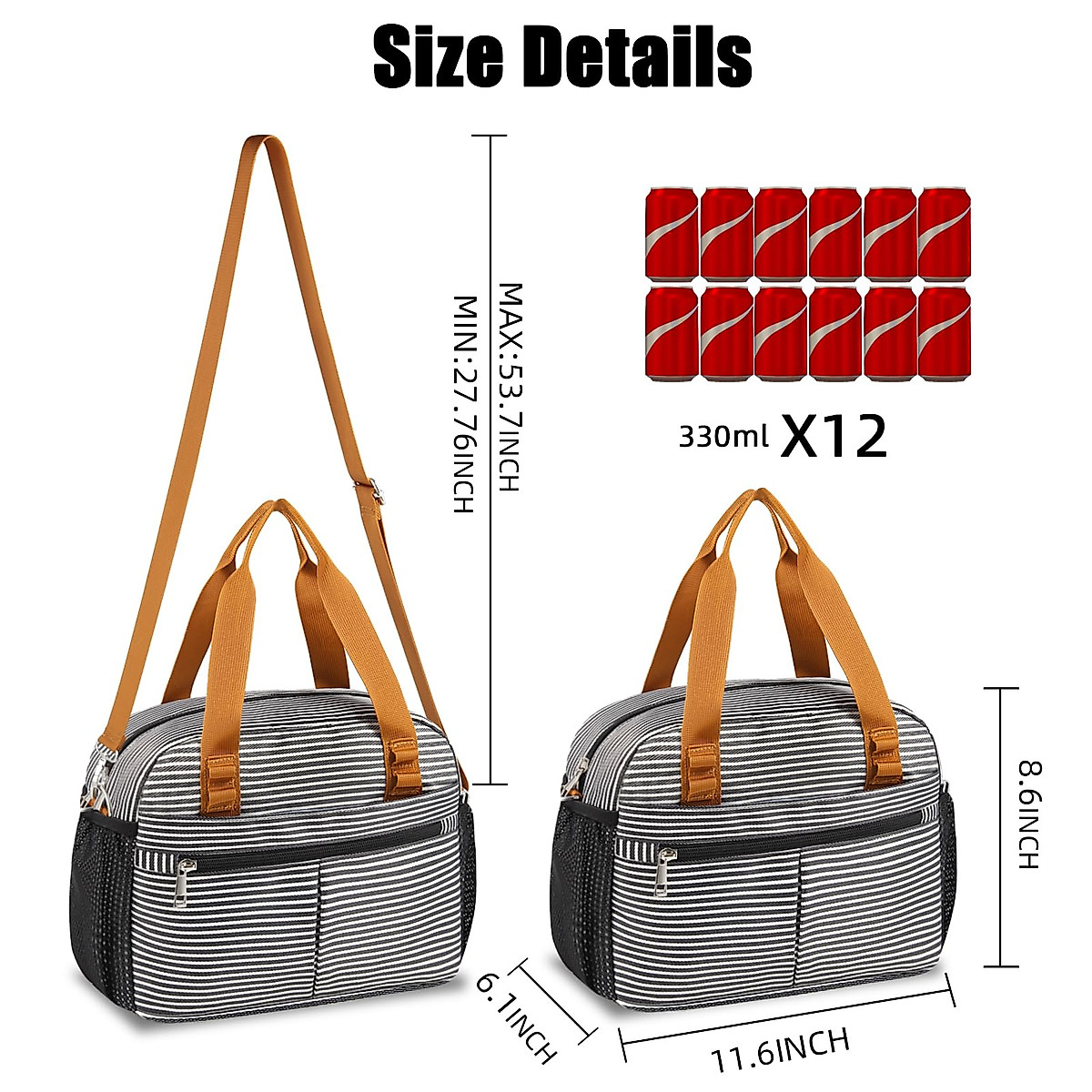 HSHPX Lunch Bag Women Insulated Adult Lunch Box Large Reusable Lunch Tote with Webbing Loop Cute Portable Lunch Cooler with Adjustable Shoulder Strap for Work Office Picnic (Stripe)