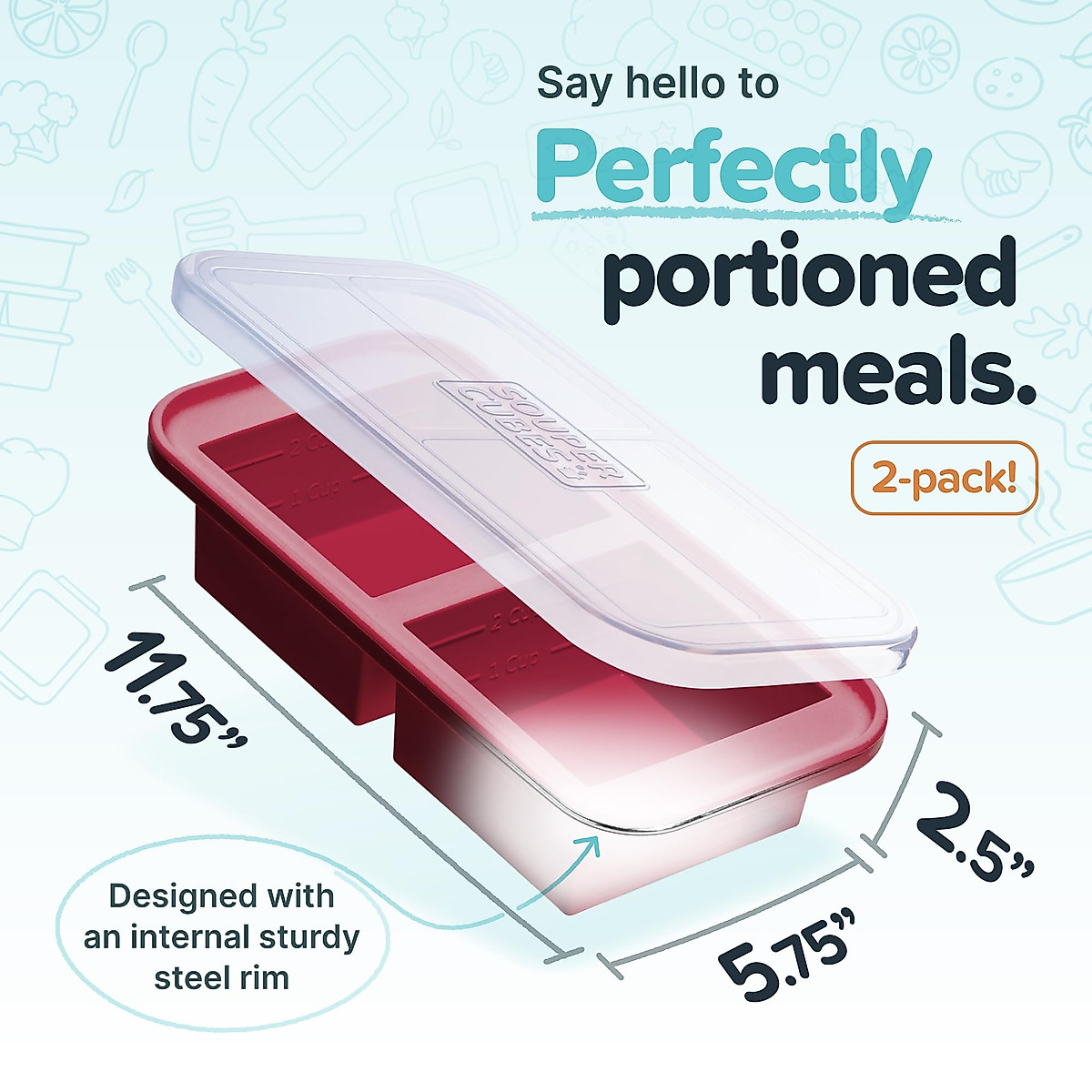 Souper Cubes 2 Cup Silicone Freezer Tray with Lids, Perfect for Storing Lasagna, Leftovers, Sauces, Portioned Meals and More, Silicone Soup Freezer Molds for Meal Prepping - Cranberry - 2-Pack