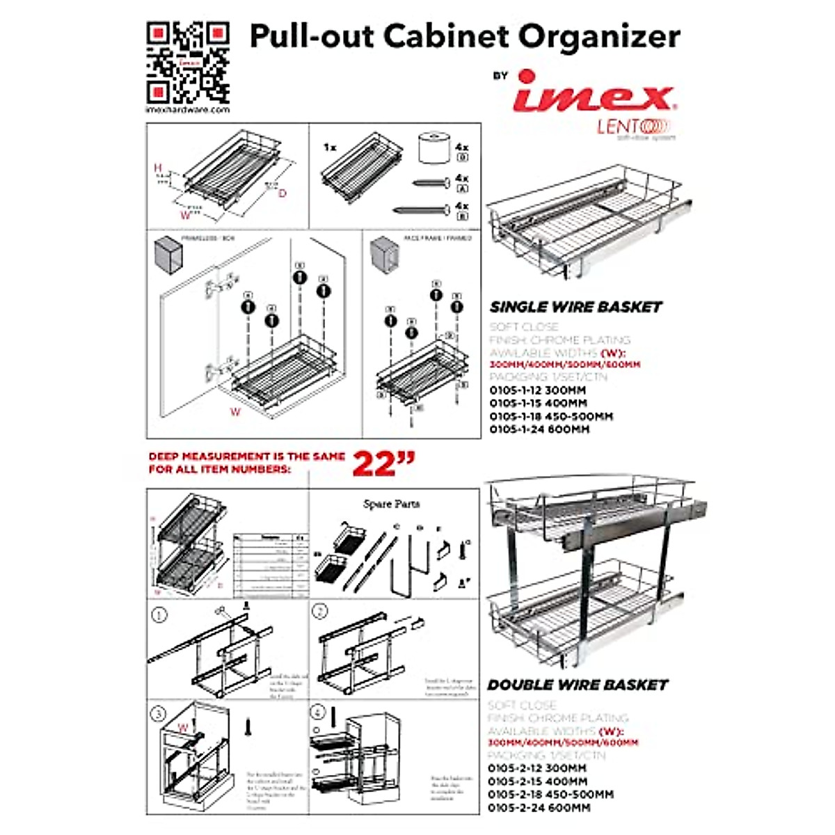 IMEX Pull-out Cabinet Organizer | Single Wire Basket Soft Close | 22'' Deep | Sliding Drawer for Cabinet Storage Shelves, Chrome (24 in)