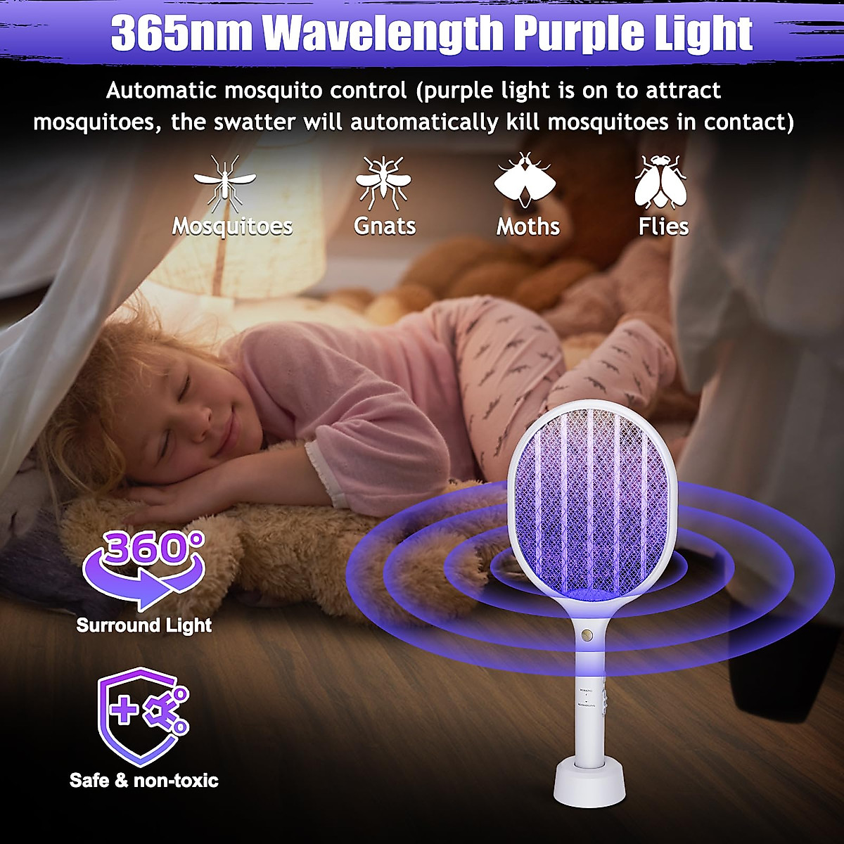 2 Pack Electric Fly Swatter Racket 3000V Bug Zapper 2 in 1 Mosquito Zapper USB Rechargeable, 1200mAh Mosquitoes Killer Lamp & Fly Zapper with 3 Layer Safety Mesh for Home