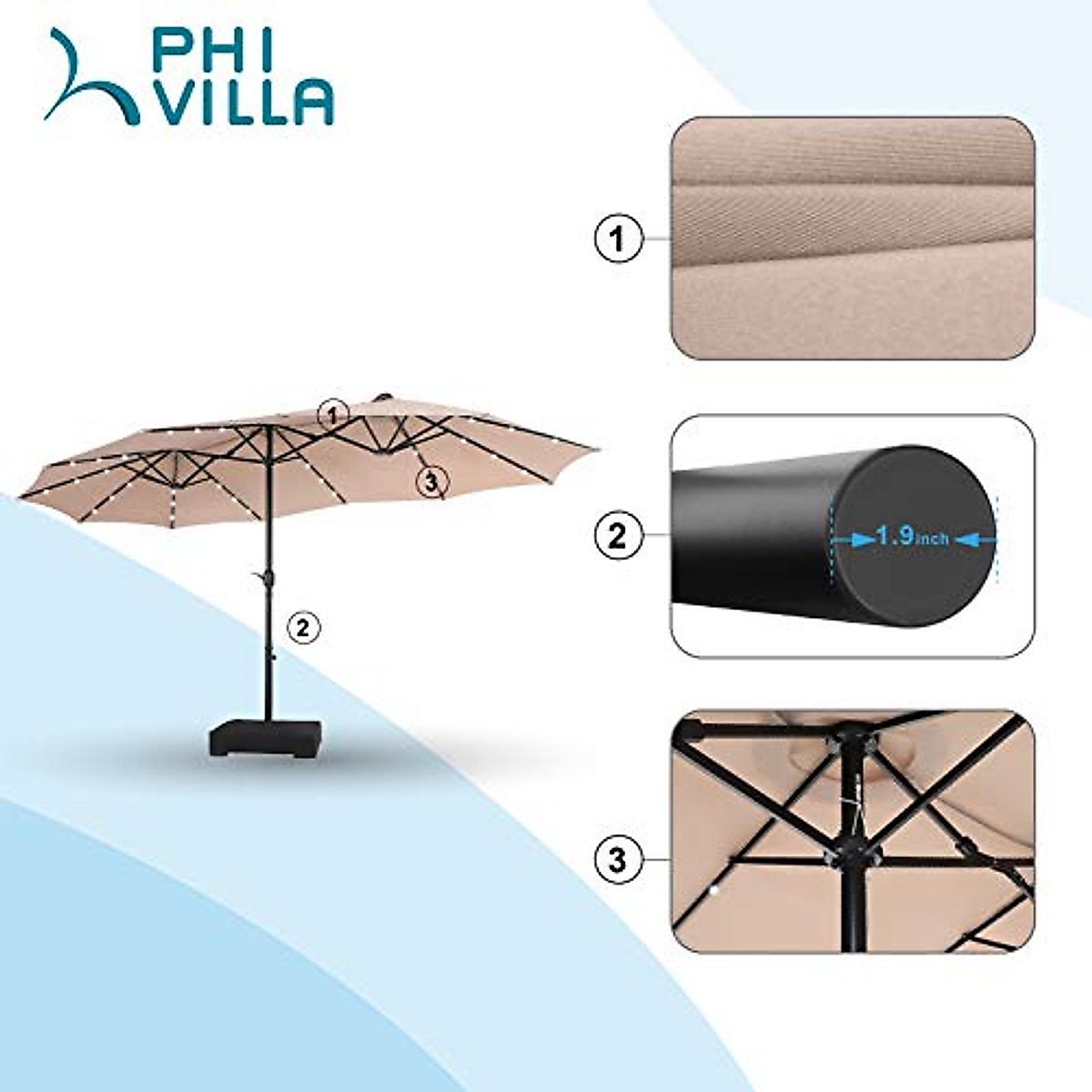 PHI VILLA 15ft Large Patio Umbrella with Solar Lights, Double-Sided Outdoor Market Rectangle Umbrellas with 36 LED Lights, Base (Stand) Included, Beige