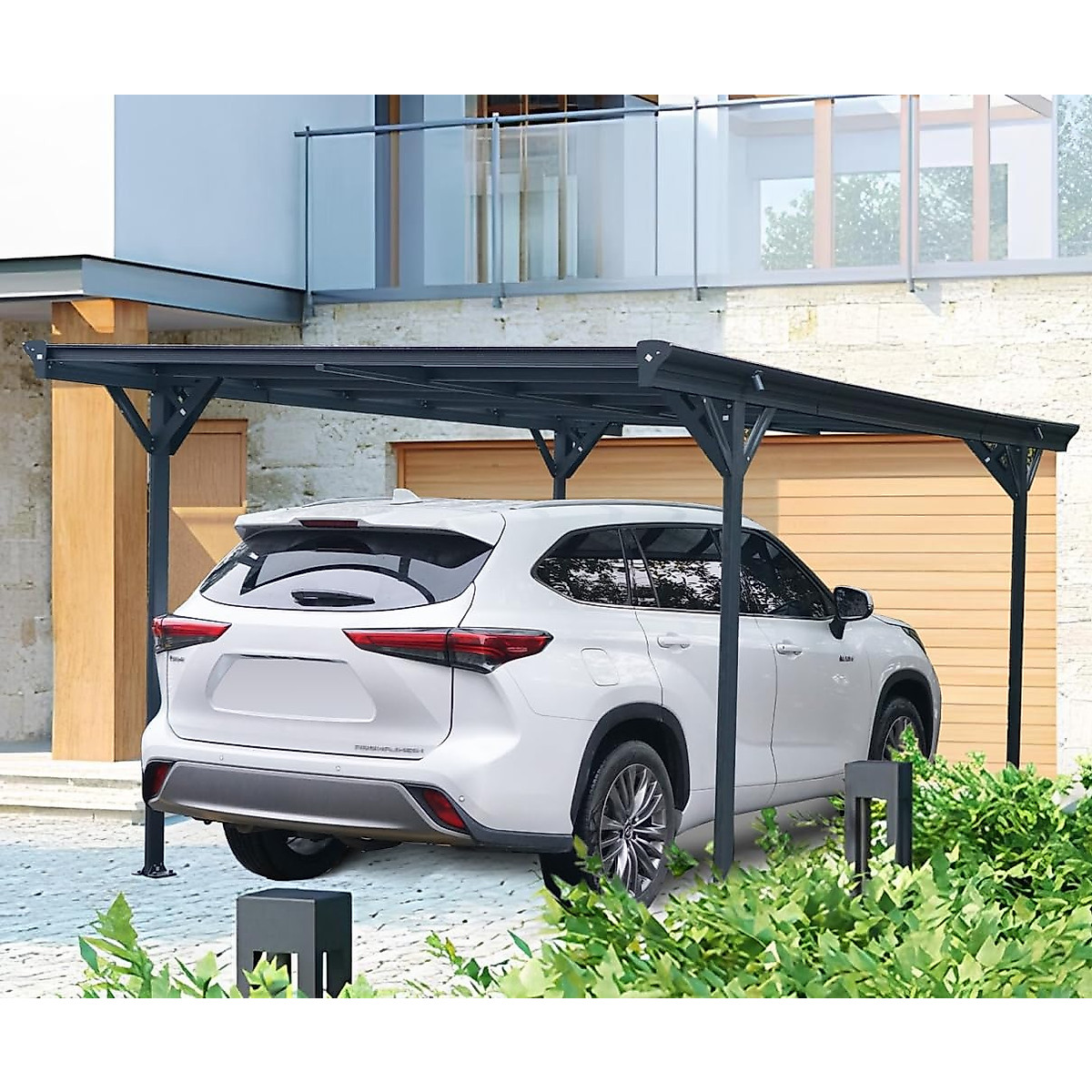 Real Relax Carport Heavy Duty Metal, 10 x 16 ft Aluminum Pitched-Roof Canopy with Polycarbonate Panel
