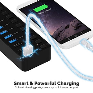 60W 10 Port USB 3.0 Hub Includes 3 Smart Charging Ports with Individual Power Switches and LEDs and 60W 12V/5A Power Adapter+USB 3.0 Micro SD and SD Card Reader