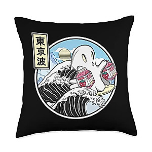 Japanese Vaporwave Aesthetic Art By Tokyo-Waves Surfing Ghost Strawberry Milk Kanagawa Wave Kawaii Anime Throw Pillow, 18x18, Multicolor