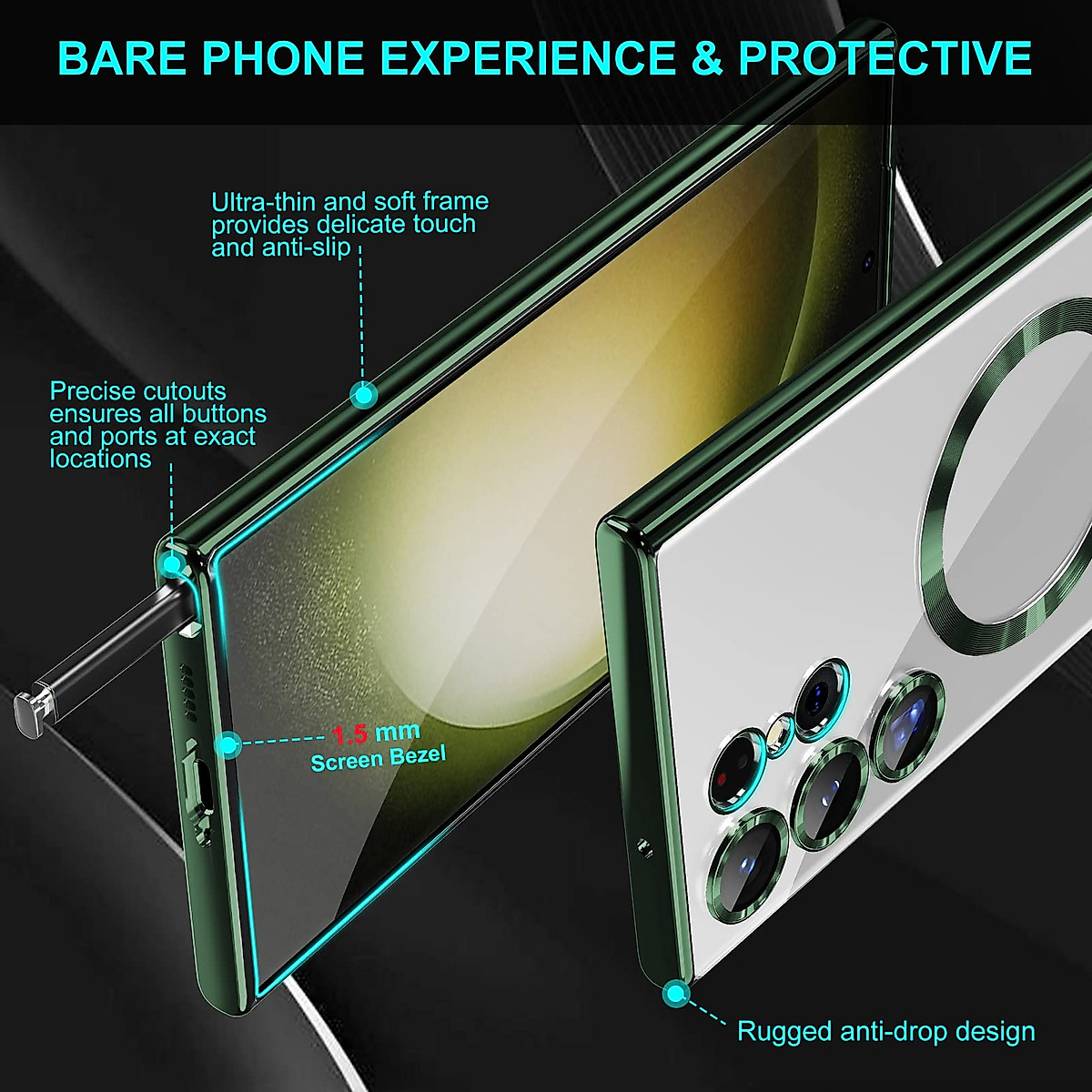 sheheme for Samsung Galaxy S23 Ultra MagSafe Case with Camera Lens Protector,Magnetic Clear Case for S23 Ultra,Full Protection Plating Anti-Scratch Slim Thin Case Cover,Green