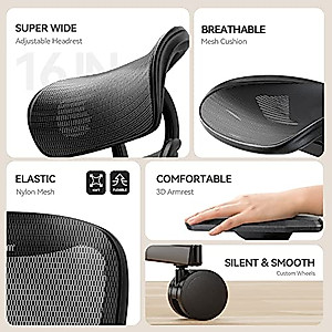 NOBLEWELL Ergonomic High Back Mesh Chair for Office Computer with Lumbar Support, 3D Armrest, Double Backrest and Adjustable Headrest