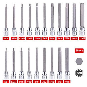 20PCS Extra Long Hex Bit Socket Set 3/8 Inch Drive | Standard SAE & Metric (1/8-Inch - 3/8-Inch, 3-12mm) | S2 Alloy Steel Allen Bits | Heavy Duty Cr-V Sockets Set