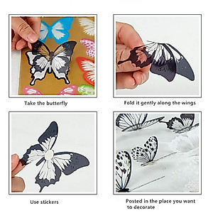 90 PCS 3D Butterfly Wall Stickers,Butterfly Decor PVC Crystal Butterfly,Art Decal Satin Paper Butterflies Home DIY Decor Removable Sticker,Bedroom Showcase Nursery Butterfly Wall Decor(Black-White)