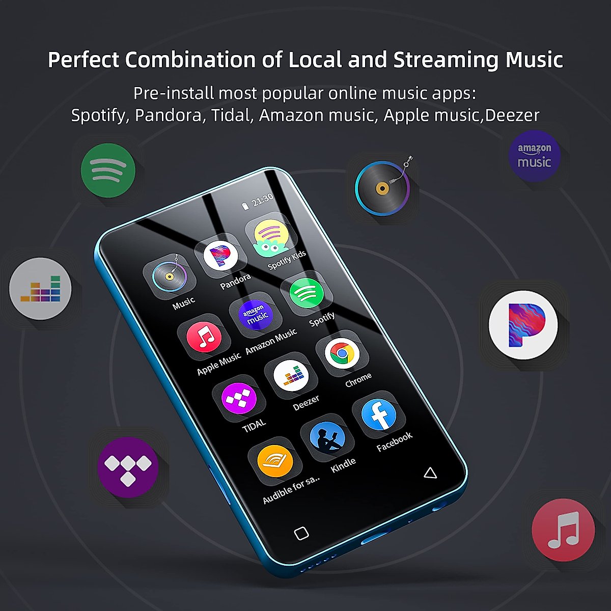 MP3 Player with Bluetooth and WiFi,MP3 Player with Spotify,Spotify Kids,Audible,Pandora,Amazon Music,4" Music Player MP4 Up to 1TB(80GB,Blue_White)
