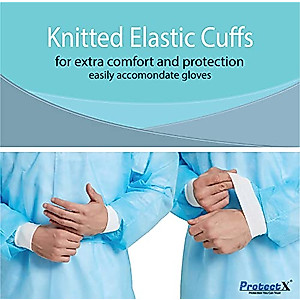 ProtectX (Blue 10 Pack Disposable Breathable Polypropylene Isolation Gown with Elastic Knit Cuffs, Covered Back, Extra-Long Double Ties, Universal Size