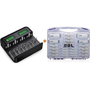 EBL LCD Universal Battery Charger with EBL Rechargeable Batteries Purple Super Power Battery Box Kit Include : 12 AA Batteries + 8 AAA Batteries +2pcs C/D Adapters