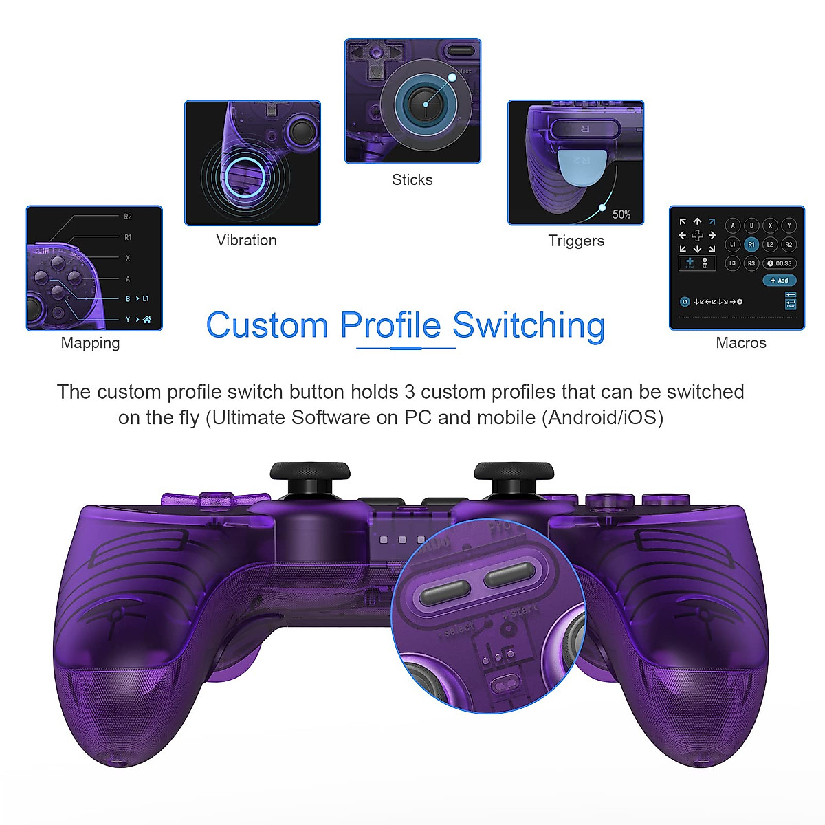 AKNES 8BitDo Pro 2 Bluetooth Wireless Controller for Switch/Switch OLED with Joycon Thumb Grip Caps - Gamepads for Steam Deck, MacOS, iOS, PC, Android & Raspberry Pi (Clear/Transparent Purple)
