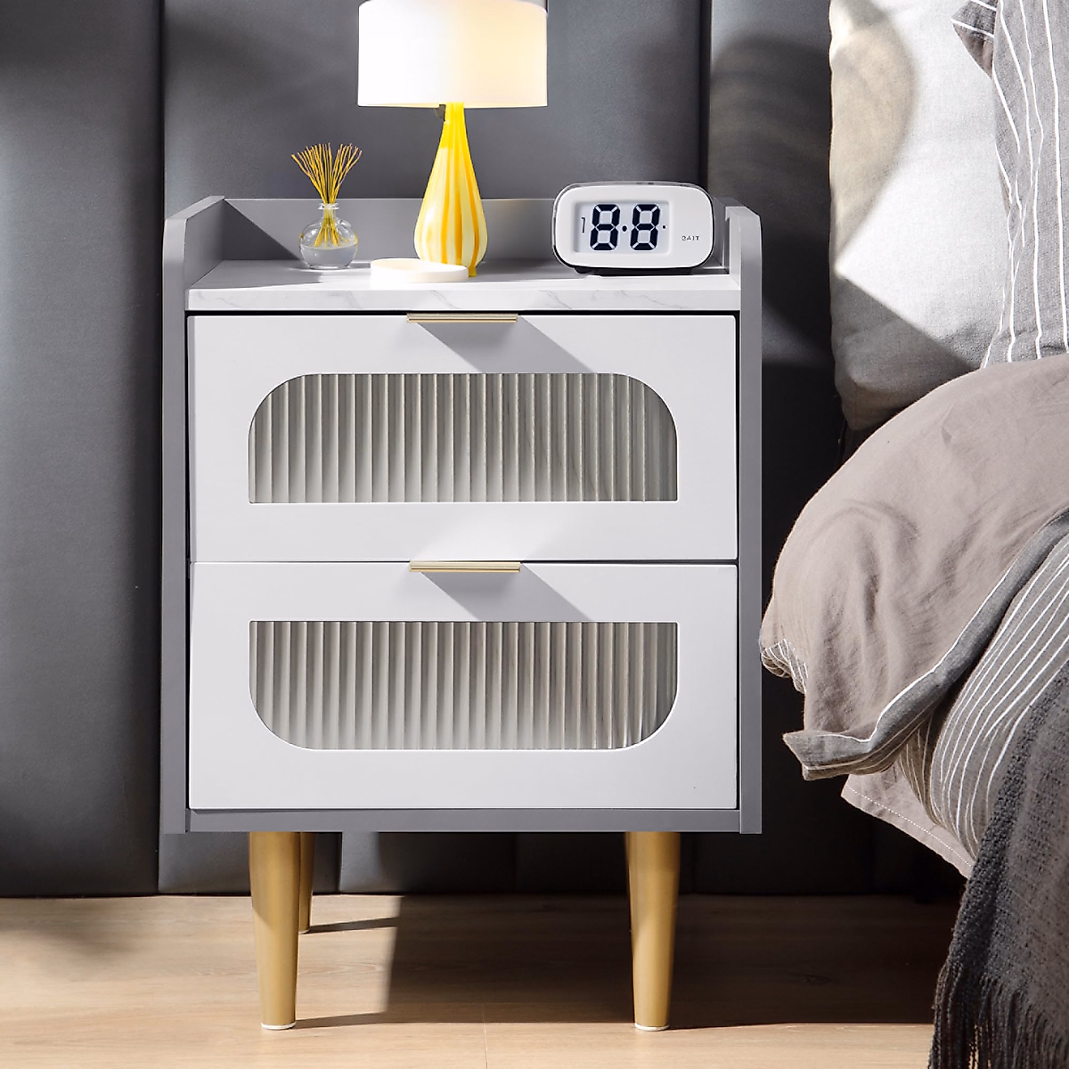 SICOTAS Night Stand with 2 Drawers, Modern Wood Nightstand Fluted Tempered Glass Marble Bed Side Table with Storage Large End Tables with Gold Legs for Bedroom Living Room, White and Grey