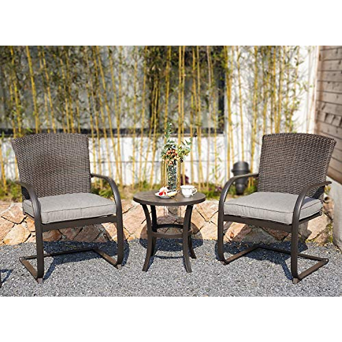 Grand patio 3 Piece Bistro Set, Outdoor Patio Rocking Wicker Chairs with Removable Cushions and Small Coffee Table, Heavy Duty Funiture Set for Porch, Balcony, Patio, Deck Backyard, Garden, Grey