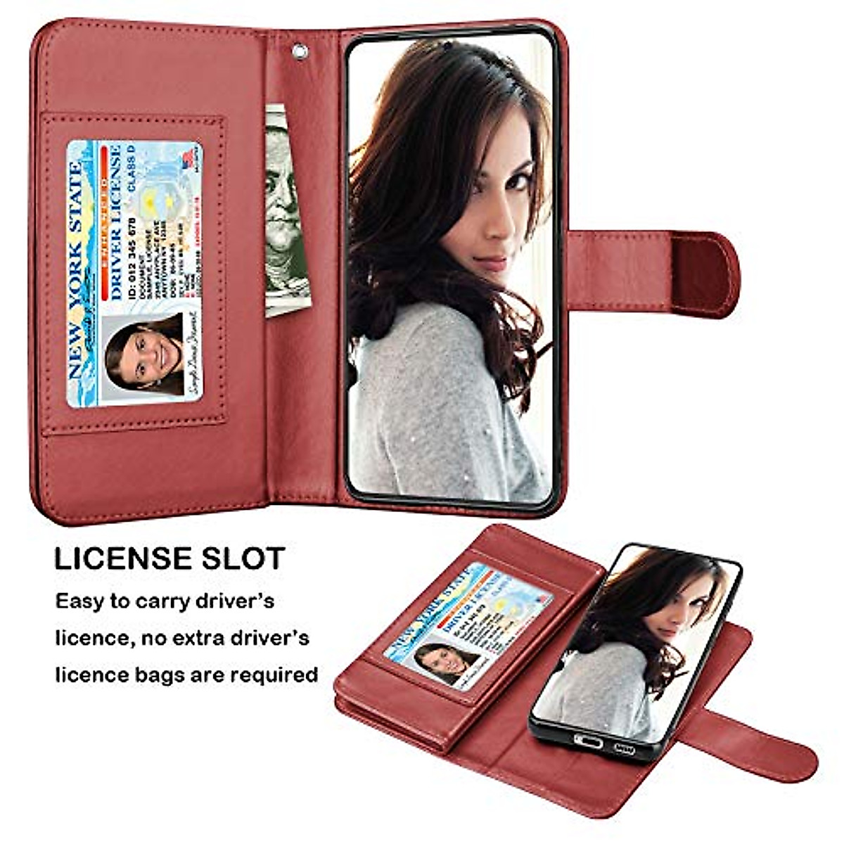 Njjex Wallet Case for Samsung Galaxy S21 Ultra 5G, For Galaxy S21 Ultra Case 6.8", [9 Card Slots] PU Leather ID Credit Holder Folio Flip [Detachable] Kickstand Magnetic Phone Cover & Lanyard -Wine Red