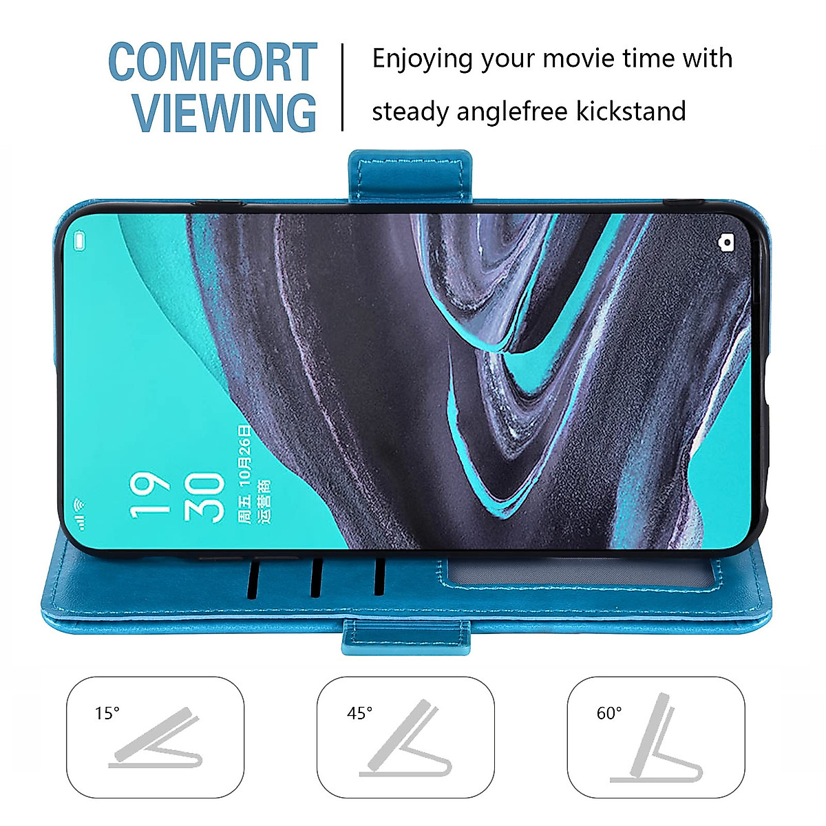 Asuwish Compatible with Oppo Reno 2 Wallet Case and Tempered Glass Screen Protector Flip Purse Accessories Wrist Strap Credit Card Holder Stand Cell Phone Cover for Reno2 2019 Women Men Blue