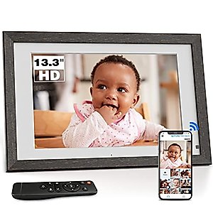 BSIMB 32GB 13.3 Inch Wood-Effect WiFi Digital Photo Frame HD IPS Touch Screen Smart Large Picture Frame with Remote Control, Auto-Rotate, Wall Mountable, Easy to Share Photos & Videos via App & Email
