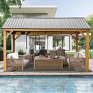 Domi 12' x 14' Hardtop Gazebo with Galvanized Steel Gable Roof, Pergola with Wood-Looking Aluminum Frame, Permanent Pavilion Outdoor Gazebo with Ceiling Hook for Deck Patio Lawn Yard Backyard Grill