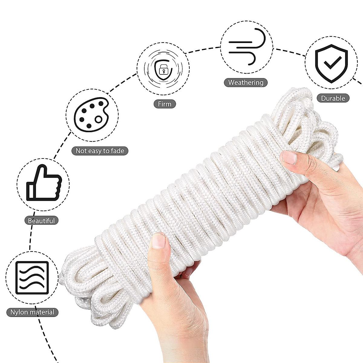 Flag Rope 50 Feet Flag Pole Halyard Rope and Clips Kit 4 Pieces Nylon Flag Pole Hook Clips Snap Hooks, Flag Pole Halyard Rope for Flagpoles up to 25 Feet, Tie Pull Swing Climb and Knot (15m, White)