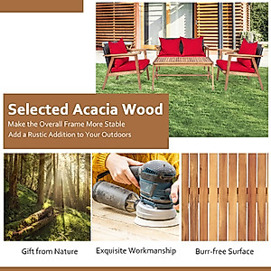 Tangkula 8-Piece Patio Furniture Set, Outdoor Acacia Wood Conversation Set with Cushions and Coffee Table, Outdoor PE Wicker Sectional Sofa Set for Garden, Poolside and Backyard (2, Red)