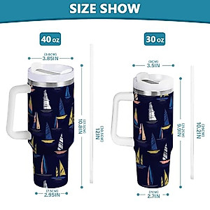 Joisal Hand Drawing Colorful Sailboat Tumbler Cup with Handle and Straw Ice Coffee Cups 40 Oz Stainless Steel Tumbler