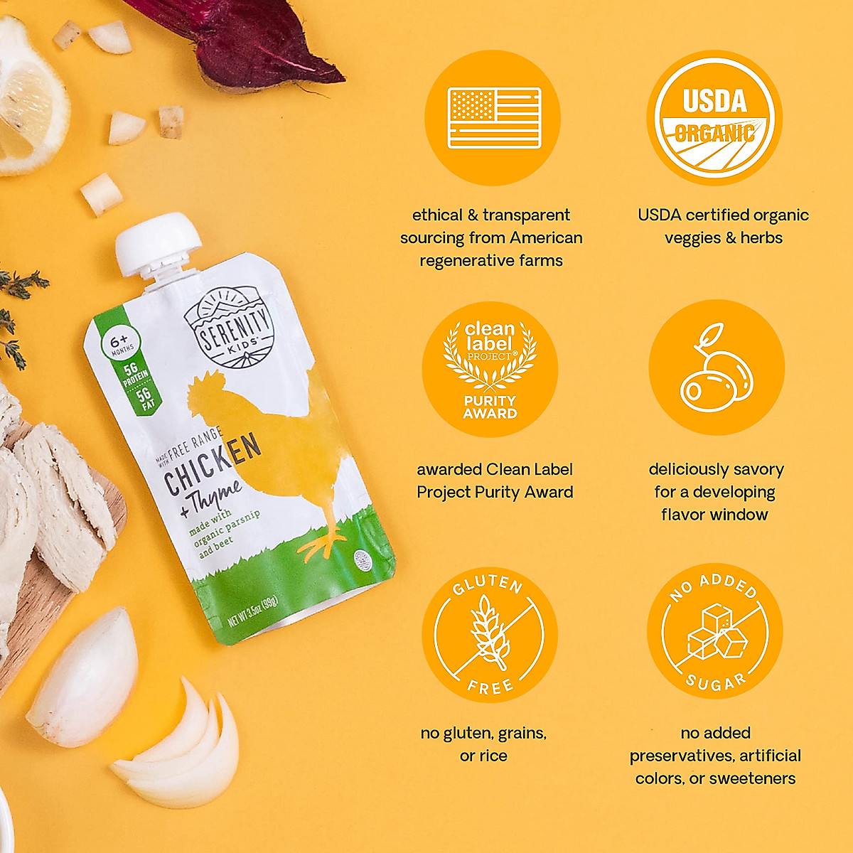 Serenity Kids 6+ Months Baby Food Pouches Puree Made With Ethically Sourced Meats & Organic Veggies | 3.5 Ounce BPA-Free Pouch | Free Range Chicken & Thyme, Parsnip, Beet | 1 Count