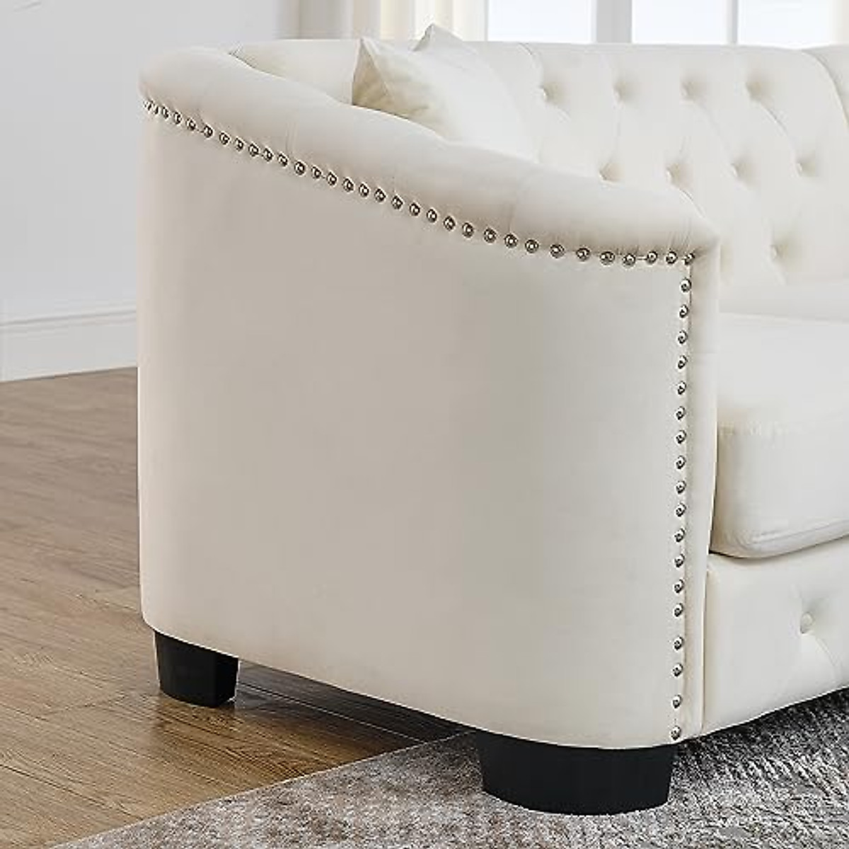 Goohome 77" Modern Chesterfield Sofa 3-Seater, Velvet Loveseat Sofá Couches for Living Room, Comforty Upholstered Tufted Backrests with Nailhead Arms and 2 Cushions, for Apartment Bedroom, C-Beige c