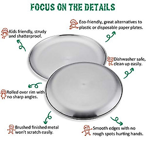 E-far Stainless Steel Plates Set of 4, 8-inch Metal Dinner Plates for Kids Toddlers, Great for Self-feeding/Picnic/Outdoor Camping, Healthy & Non-toxic, Shatterproof & Dishwasher Safe