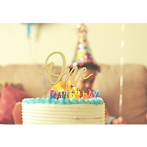 MYAMPED First Birthday Cake Topper - Glitter Gold One Sign 1st birthday Cake Decorating Supplies, Suitable for Baby Shower Favors, Baby Gender Reveal, Baby Birthday Party or Baby Photo Booth Props