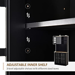 HOMCOM Kitchen Buffet with Hutch, Storage Pantry with 3 Cabinets, 2 Open Shelves and Large Countertop, Black