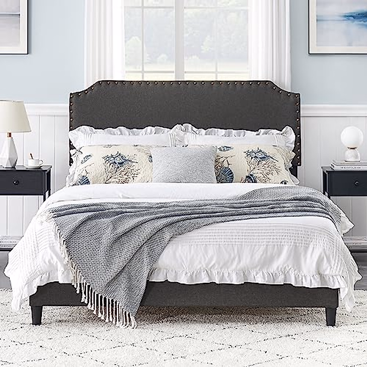 GAOMON Queen Bed Frame with Headboard Adjustable Upholstered Bed Frame Queen Size with Nailhead Trim Headboard, Mattress Foundation, Strong Wood Slat Support, No Box Spring Needed, Dark Grey