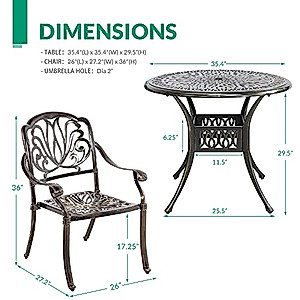 VIVIJASON 5-Piece Outdoor Patio Dining Set, All-Weather Cast Aluminum Conversation Set, Patio Furniture Set for Balcony Lawn Garden Backyard, Include 4 Chairs, a 35.4 inch Round Table w/Umbrella Hole