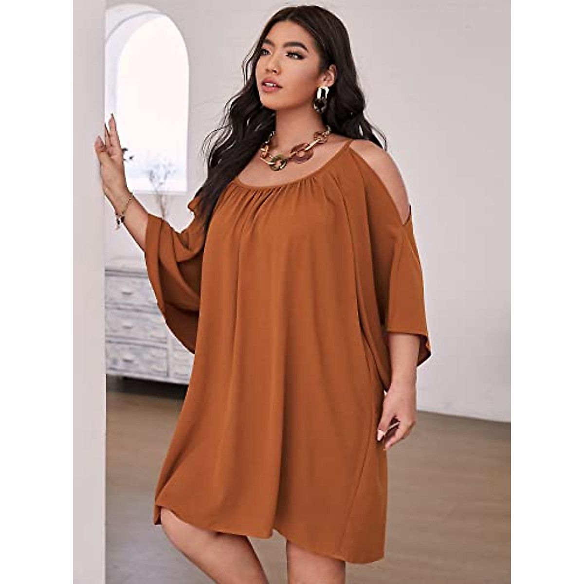 SOLY HUX Women Plus Size Summer Dress Cold Shoulder Short Sleeve Casual Loose Short Dresses Brown 1XL