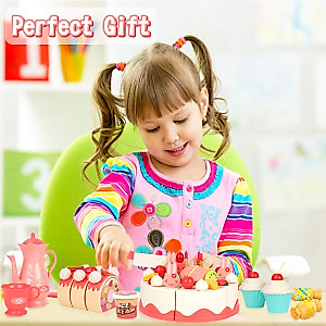 GILOBABY Birthday Cake Toy with Lights & Birthday Music, Pretend Play Cutting Food Kitchen Toy with Tea Set Bread Roll, Chocolate, Sandy & Dessert, Gift for Girls Boys 3 4 5 Year Old (82 PCS)
