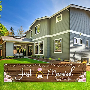 ShuanQ Just Married Yard Banner - Large Wedding/Engagement Party Decoration Banner - Bridal Shower Party Yard Decor - Happily ever After Sign Wedding Party Decor - 5.9 x 1.3 ft