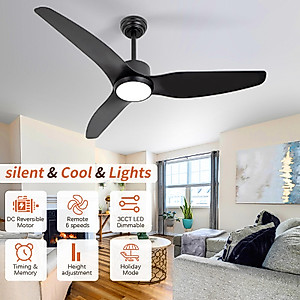 REVOICI Black Ceiling Fan with Light Remote 52in 6Speed Silent Reversible Motor 3CCT Dimmable LED Adjustable Height Timer Memory Function Modern ABS Blades Vacation Mode flush Mount Indoor Outdoor Use